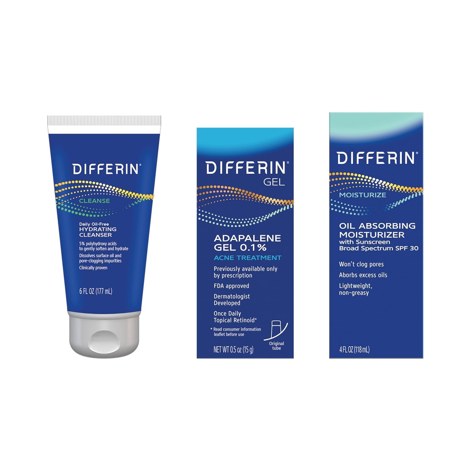Differin Skincare Kit with Acne Treatments for Face, 3-Step Regimen ...