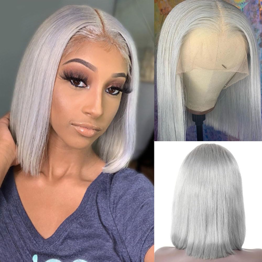Grey Bob Wigs Human Hair 13x4 Lace Frontal 10Inch 180% Brazilian Virgin ...