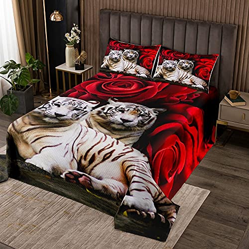 Tiger Bedspread Set King Size,Red Rose Flower Bedspread Quilt Set for ...