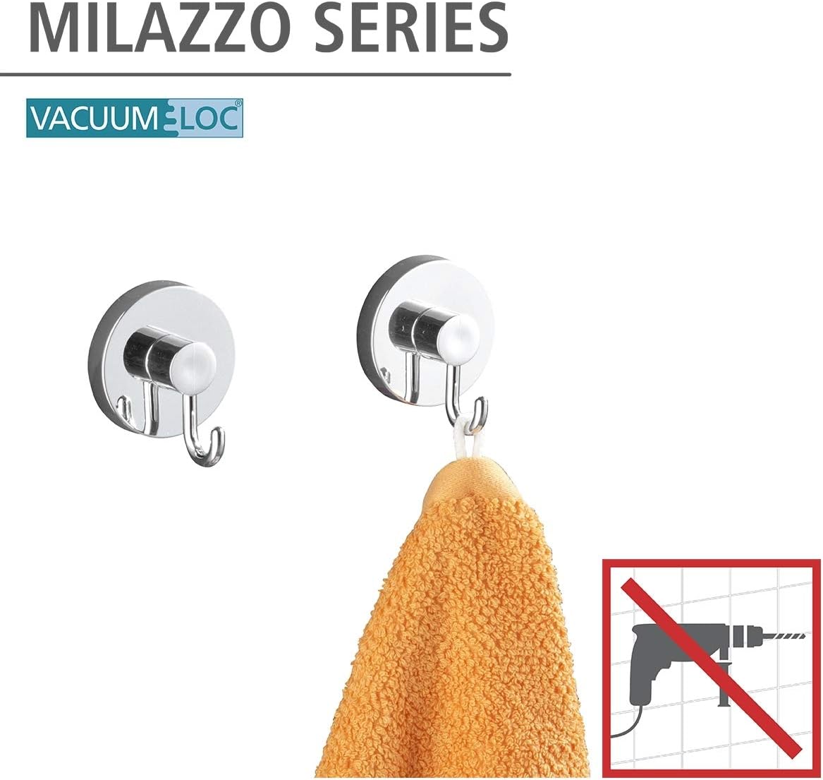 WENKO Vacuum-Loc Hook-Set of 2, Fixing Without Drilling, Silver Shiny ...