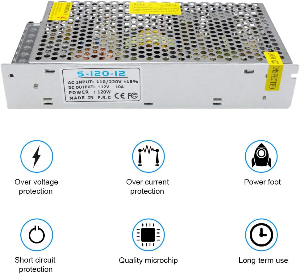 inShareplus 12V 10A 120W, DC Universal Regulated Switching Power Supply, 110/220V AC to DC 12 ...
