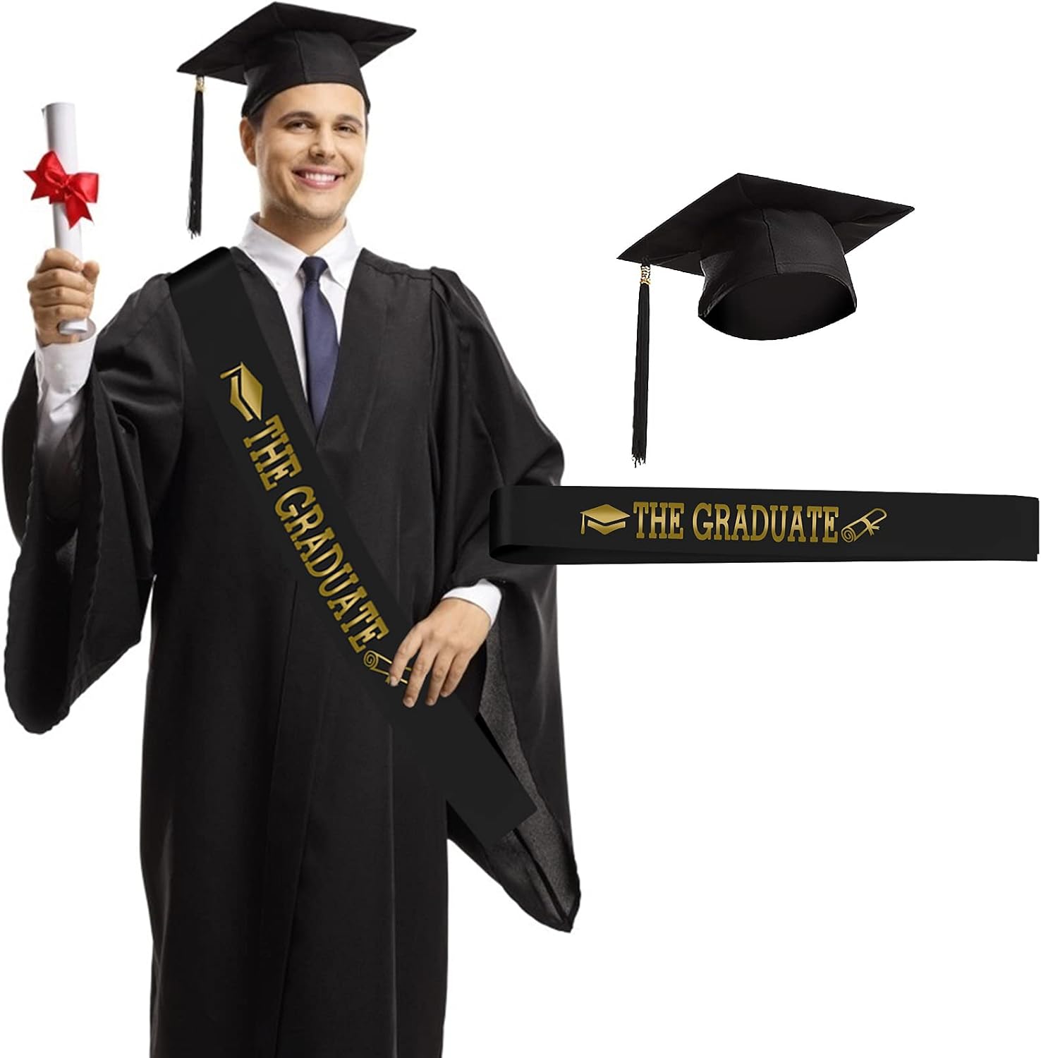 JOOPOM Graduation Cap Black Graduation Bachelor Hat Graduate Satin Sash ...