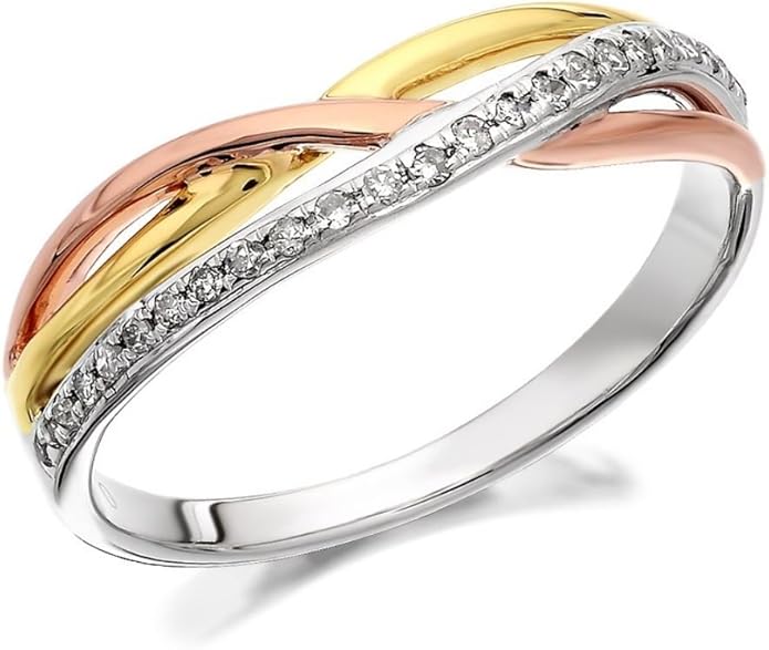 F. Hinds Womens Jewellery 9ct Three Colour Gold Diamond Crossover Ring ...