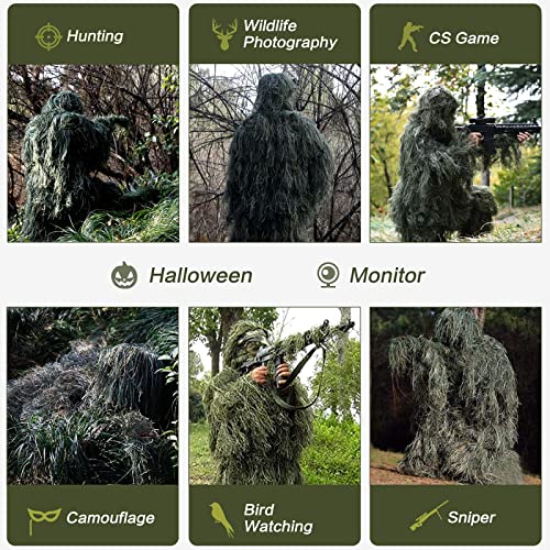MOPHOTO 5 in 1 Ghillie Suit, 3D Camouflage Hunting Apparel Including Jacket, Pants, Hood, Carry ...