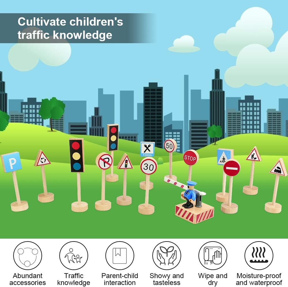 SNAGAROG 16 Pcs Road Signs Toy, Wooden Street Signs Playset Traffic ...