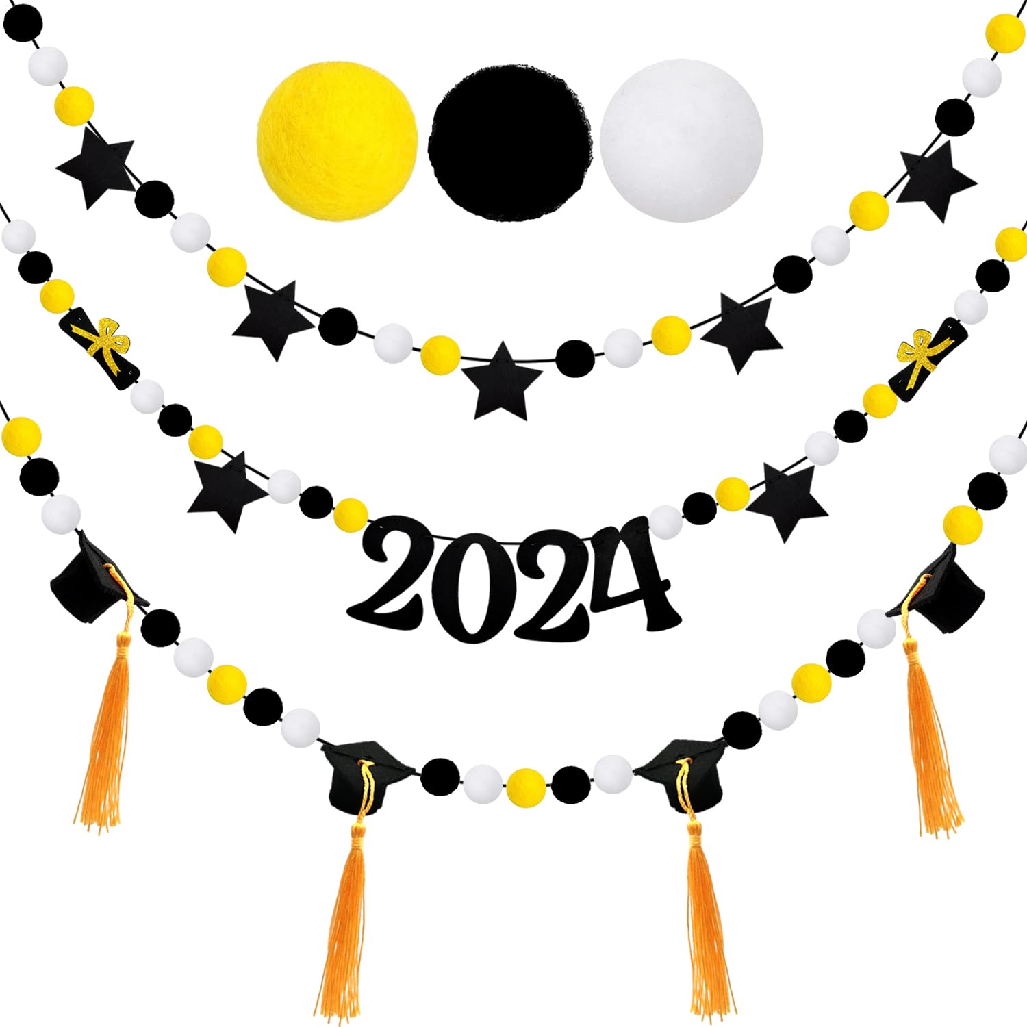 3pkg of 3 Pack Graduation Cap Felt Ball Garland 2024 Grad Felt Banner ...