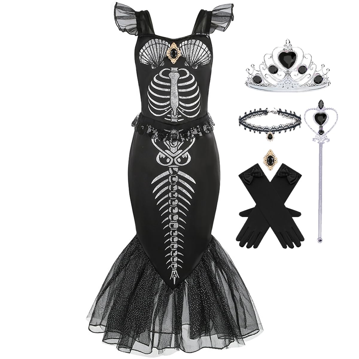 Luzlen Girls Mermaid Skeleton Costume Kids Ariel Princess Black Dress ...