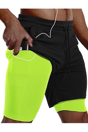 Mens 2 in 1 Running Shorts Quick Dry Gym Athletic Workout Clothes with ...