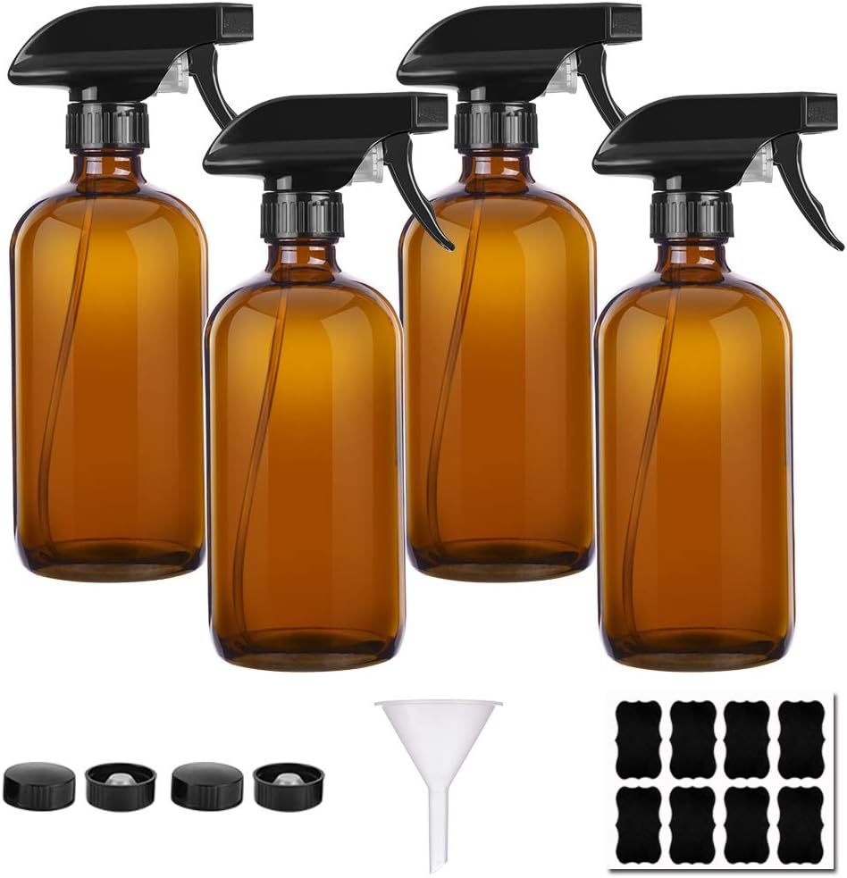 Glass Spray Bottle 16 oz (4 Pack Amber Bottles, 8 Labels, 1 Funnel by ...