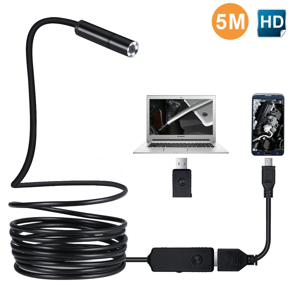 Giwox Endoscopio de inspección USB Cámara 2.0 megapíxeles Impermeable ...