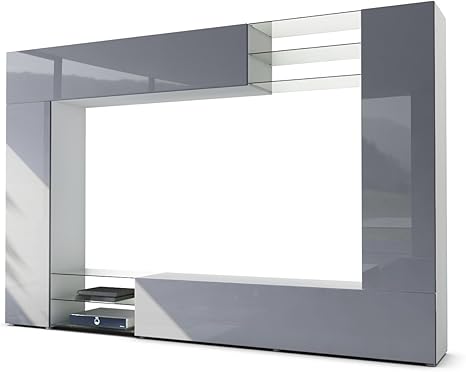 Vladon Wall Unit TV Stand Mirage, Carcass in White matt/Front in Grey ...