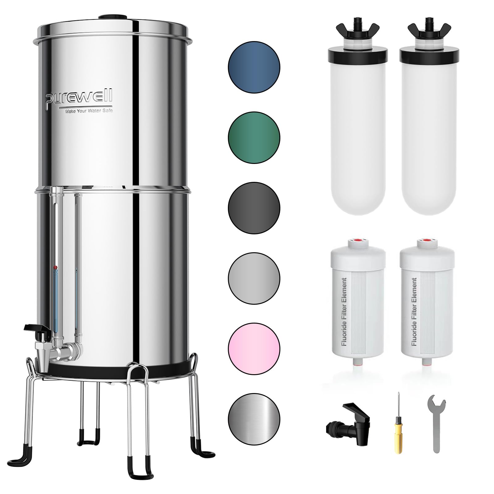 Purewell 8-Stage Gravity Fed Water Filter System, 2.25 Gallon Stainless ...