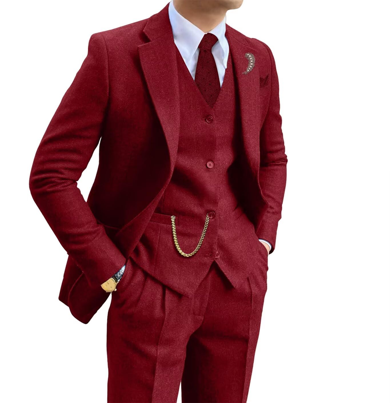 Retro Men Suits Set Tweed Herringbone 3 Pieces Party Prom Wedding Suit ...