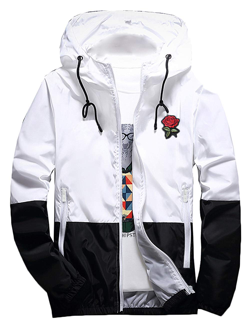 Rexcyril Men's Rose Floral Windbreaker Hooded Jacket Lightweight Solid ...