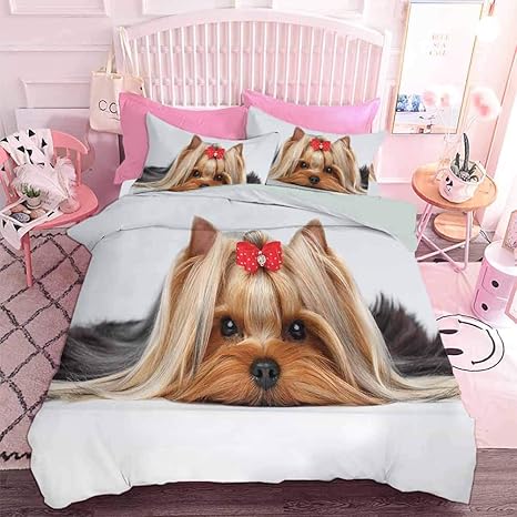 Hiiiman Bedding Cover Set 3pcs Lying Yorkshire Terrier with Cute Ribbon ...