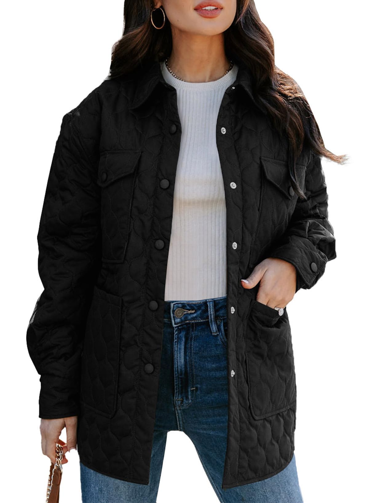 EVALESS Lightweight Diamond Quilted Jackets for Women Fashion Collar Long Sleeve Button Down ...