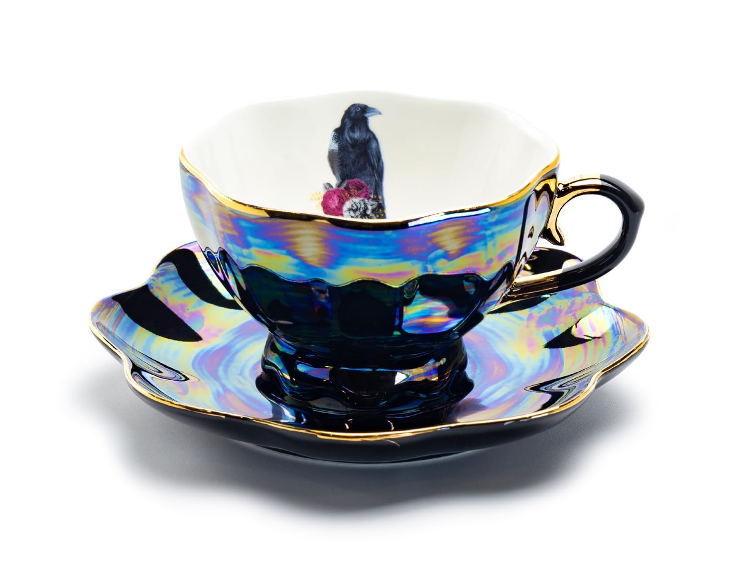 Grace Teaware Crow Black Gold Luster Tea Cup and Saucer with Gold Trim ...