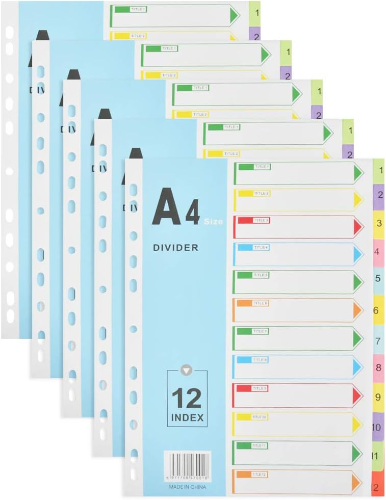 YOTINO A4 File Dividers, 5 Packs of A4 Subject Dividers 12 Part Card ...