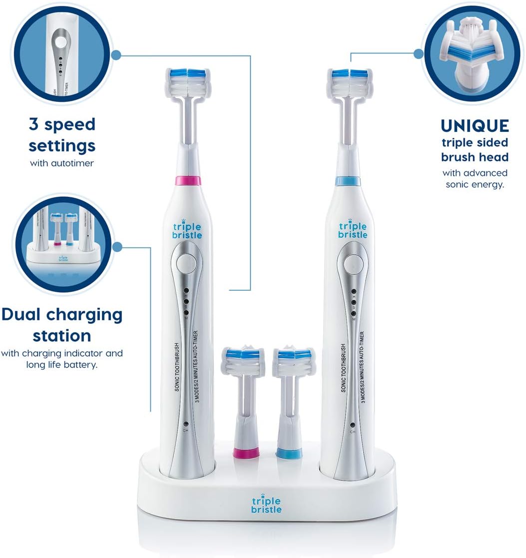 Triple Bristle Sonic Duo Electric Toothbrush for Families and Couples ...