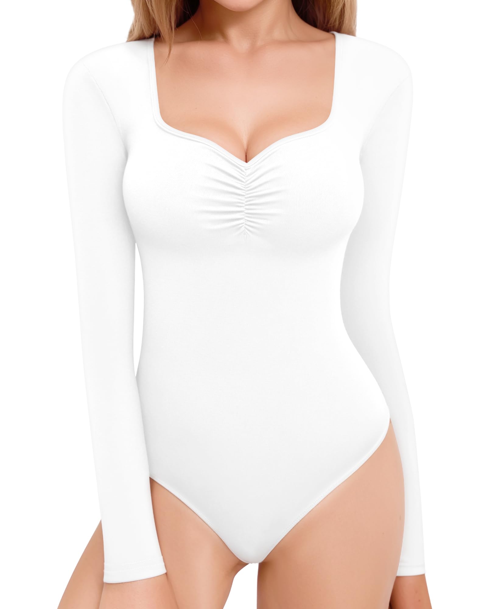 MANGOPOP V Neck Long Sleeve Bodysuits for Women Sweetheart Neck Body Suit Basic Fitted Tops ...