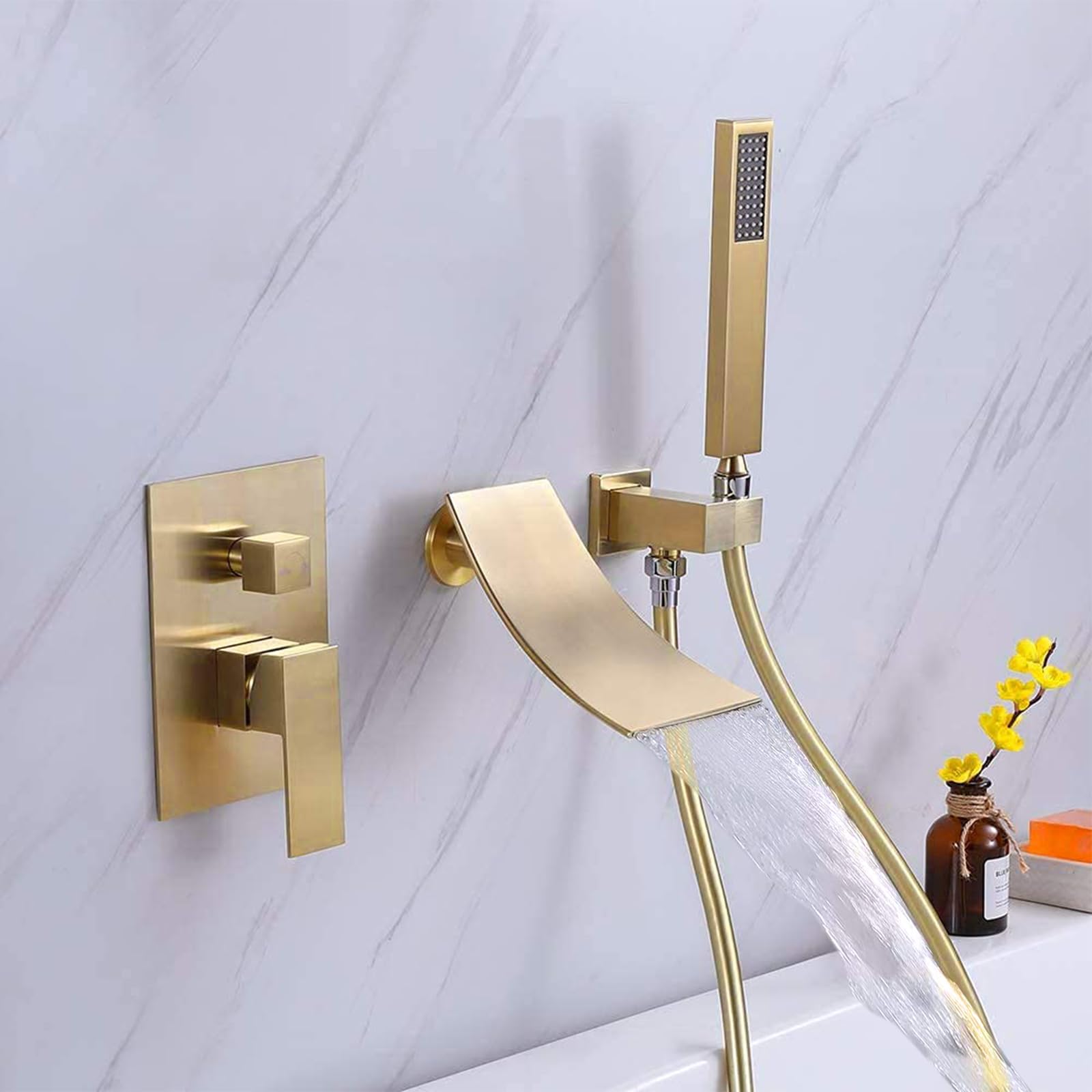 DEOLER Wall Mount Bathtub Faucet with Handheld Shower, Brushed Gold Single Handle Bathroom ...