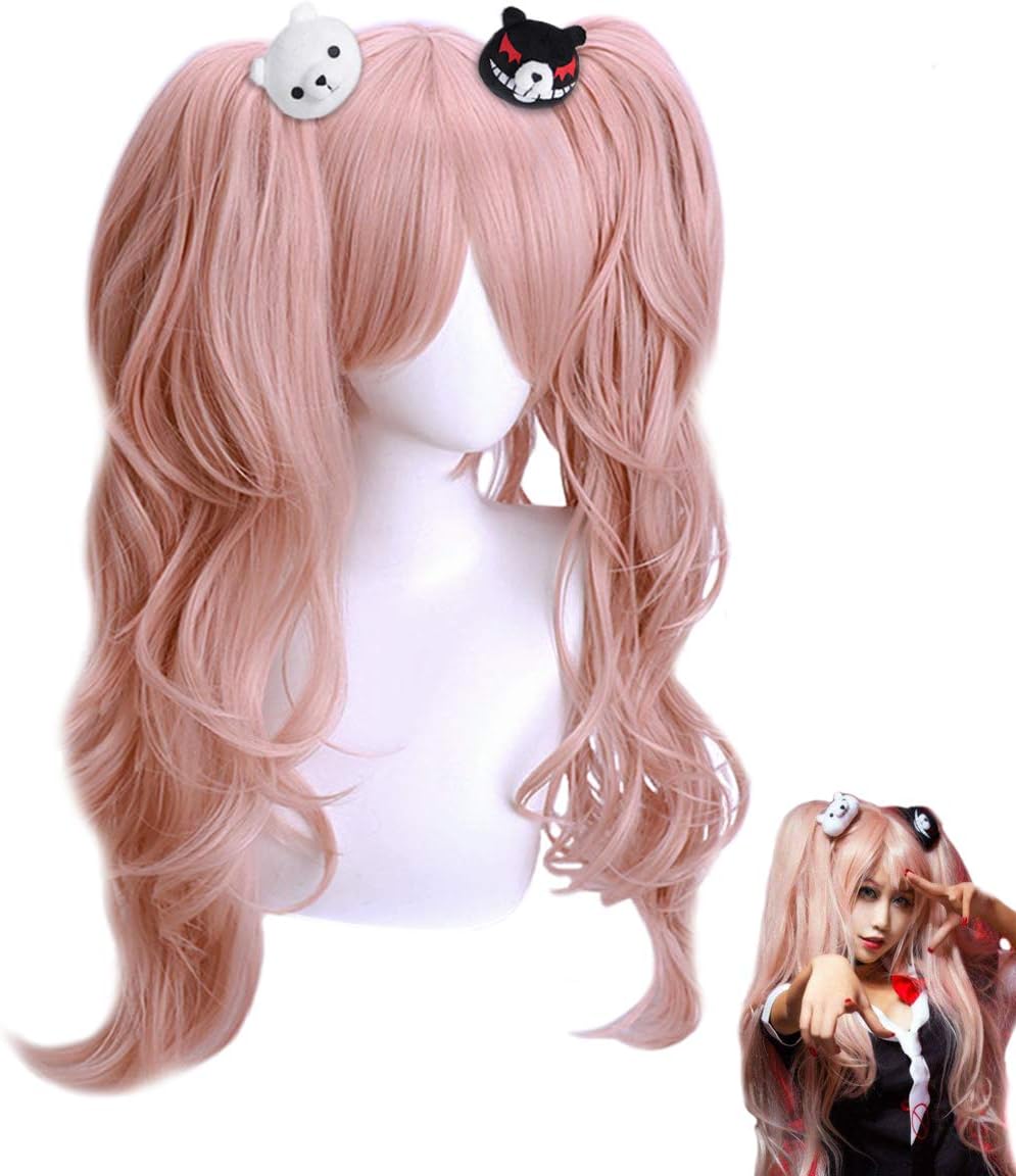 Anime Cosplay Enoshima Junko Wig Pink Curly Double Ponytail Wig With 1 ...