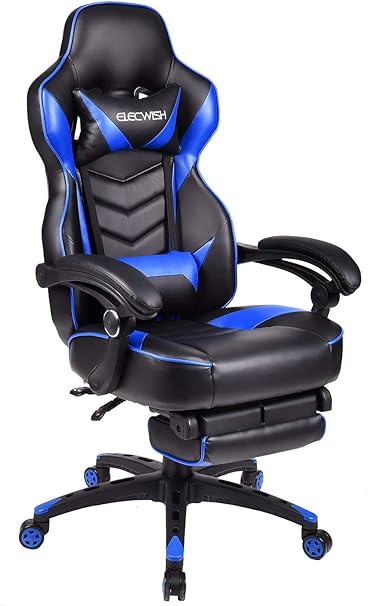 ELECWISH Blue Video Gaming Chair with Footrest,Office Racing Gaming ...