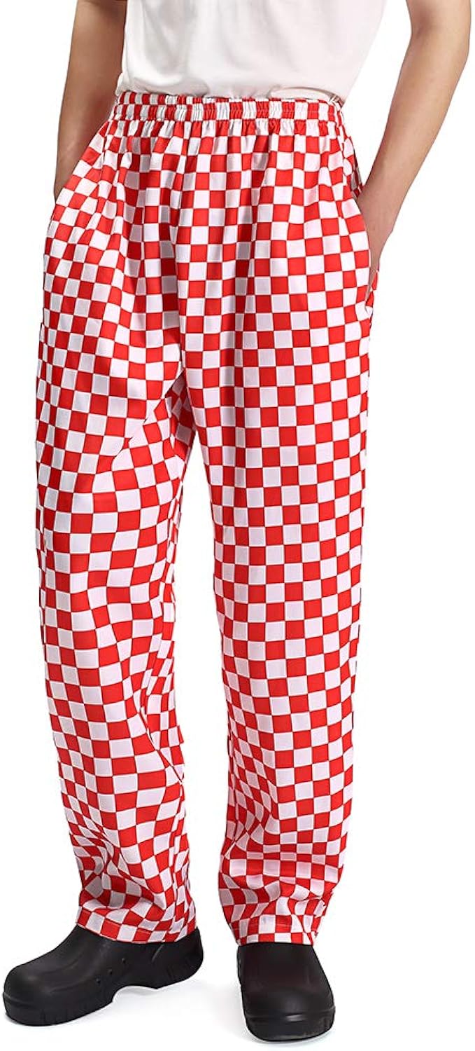 Men’s Black and White Checkerboard Print Chef Pants with Elastic Waist ...