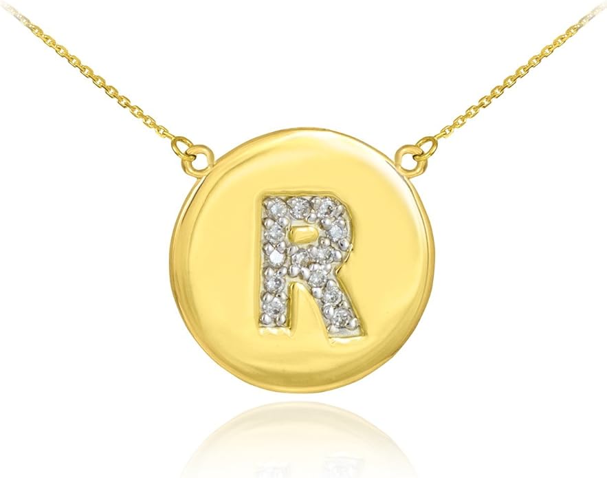 Amazon.com: Fine 14k Yellow Gold Letter R Diamond Disc Initial Necklace ...