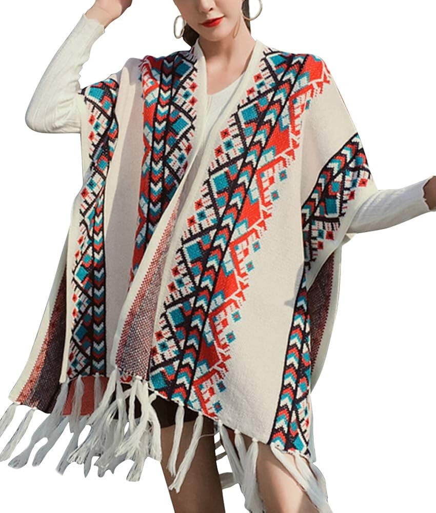 GERINLY Bohemian Open Front Poncho Cape Knitted Tassel Shoulder Wraps ...