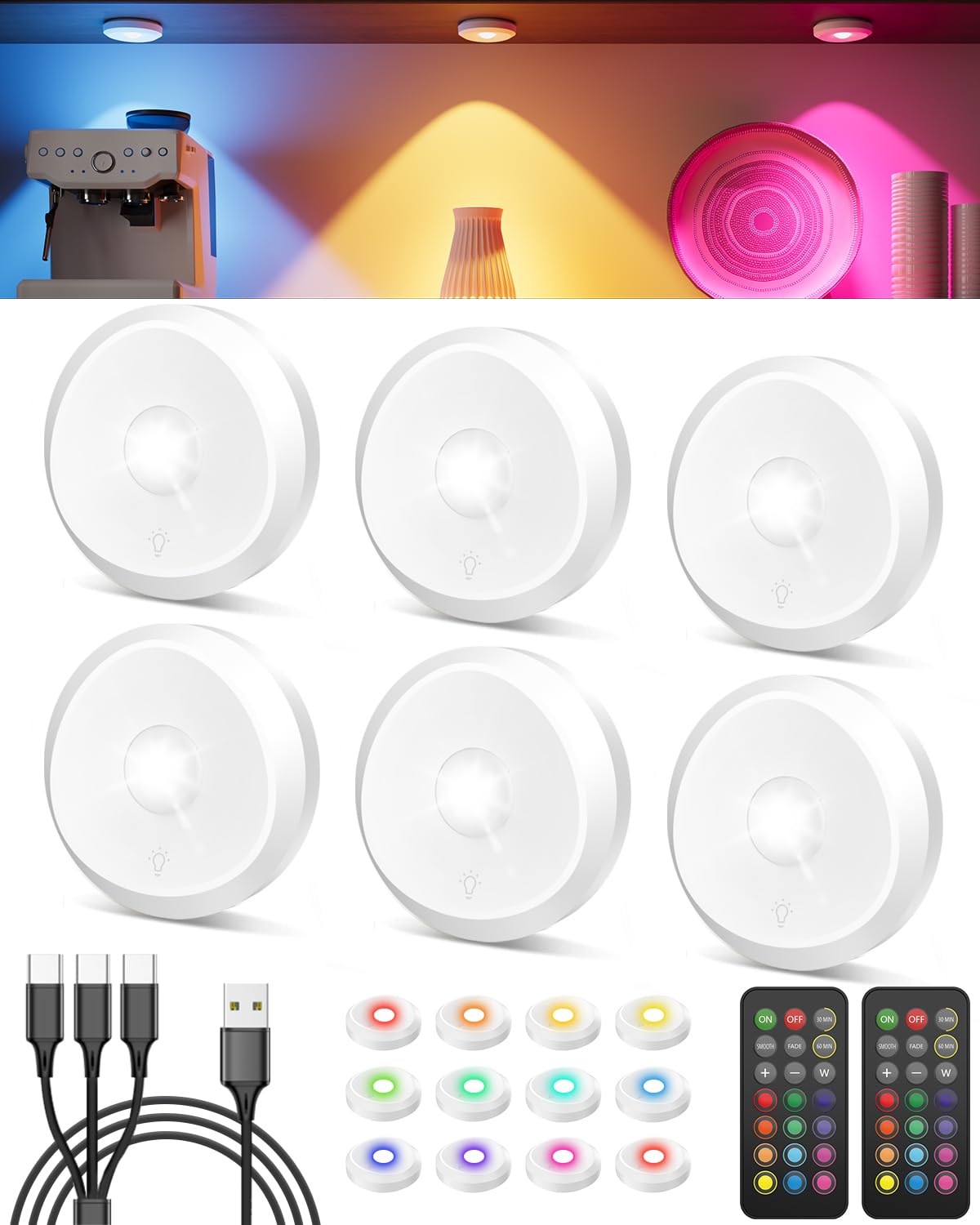 Rechargeable Color Changing Puck Lights with Remote, 2400mAh Battery ...