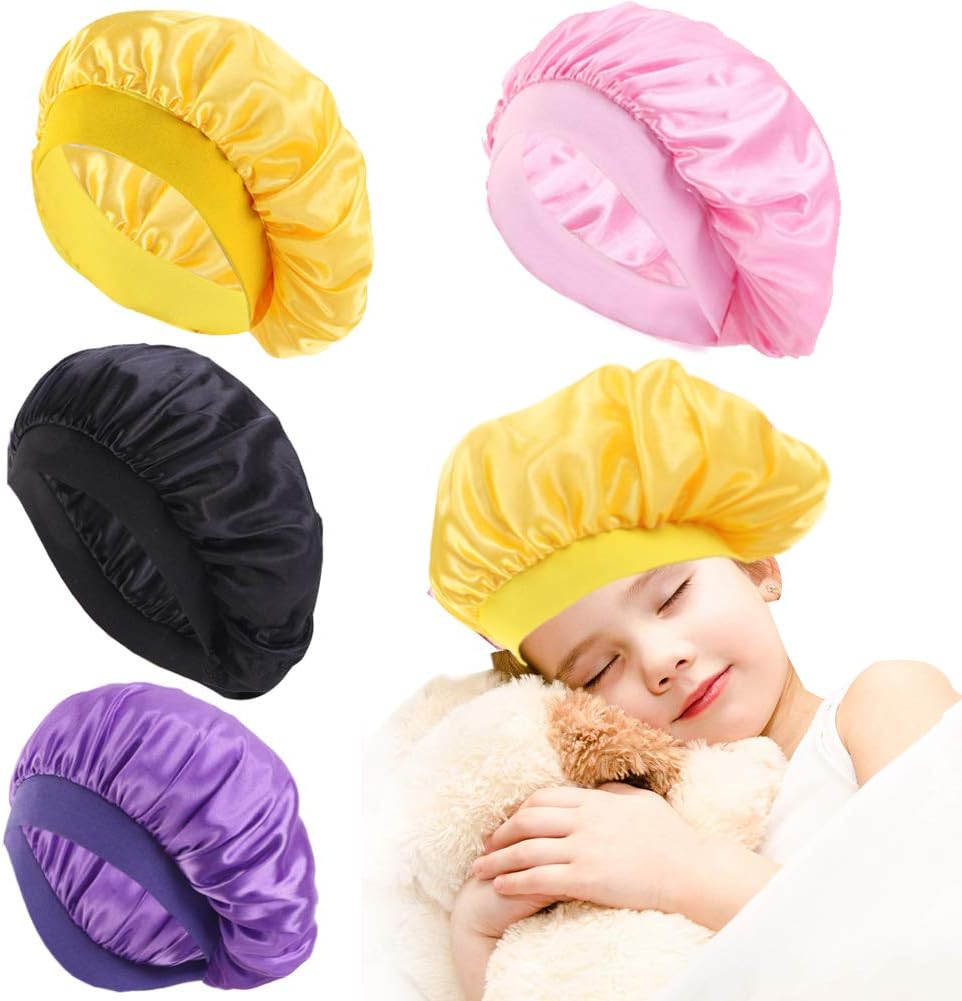 Lanzn 4 Pcs Kids Satin Bonnet Sleep Cap Toddler Hair Bonnet Wide Band ...