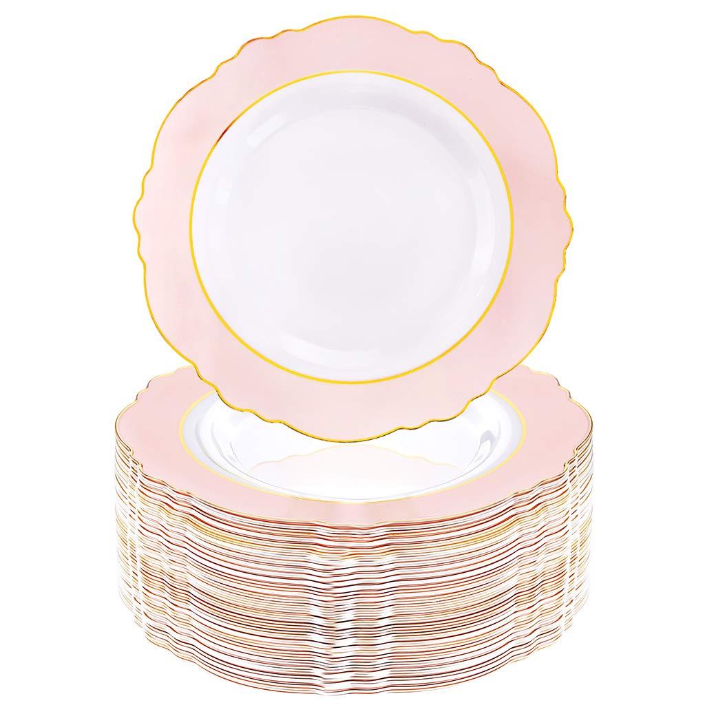 WDF 60pcs Pink Plastic Plates - 10.25inch Baroque Pink &Gold Disposable ...