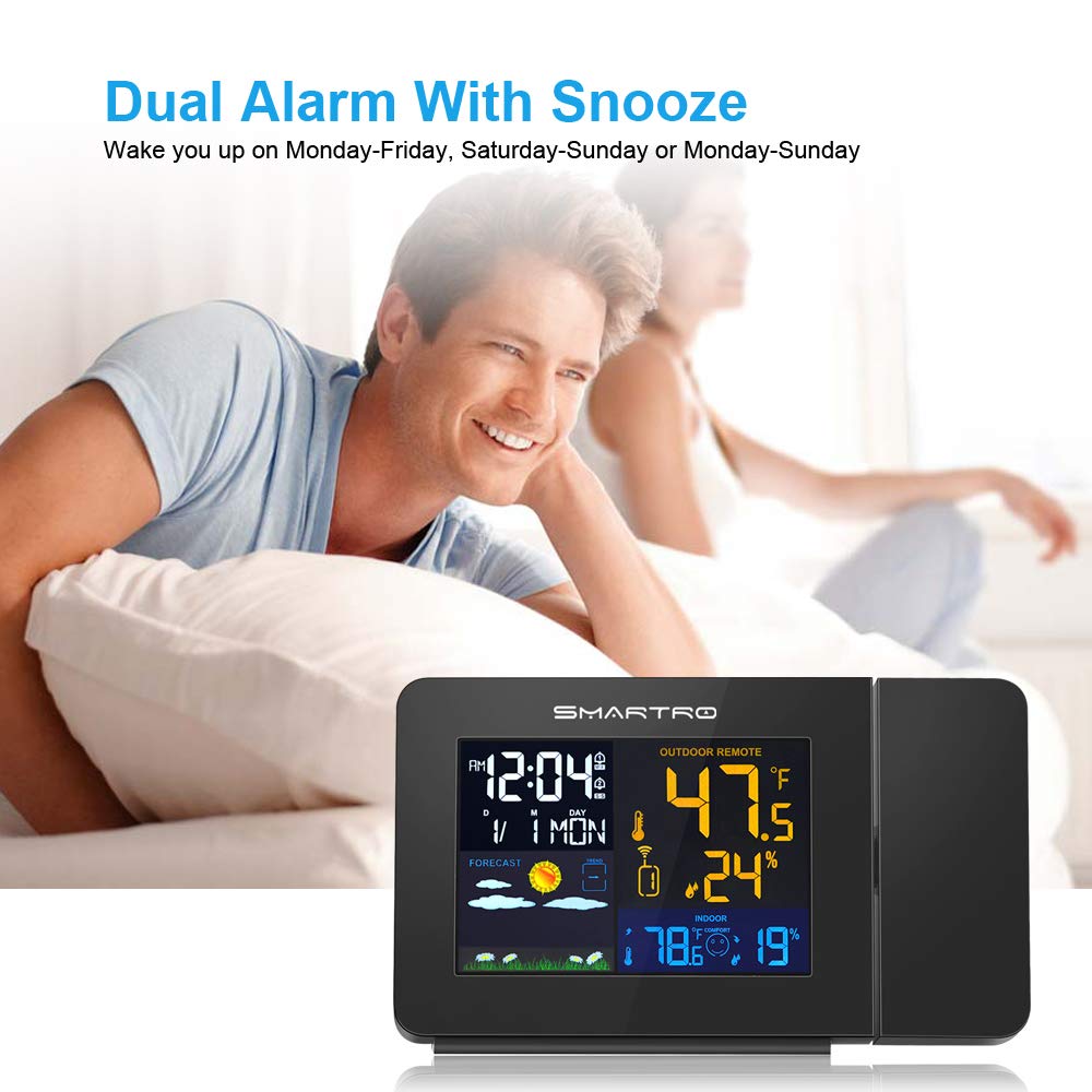 SMARTRO Projection Alarm Clocks for Bedrooms with Weather Station, Wireless Indoor Outdoor ...