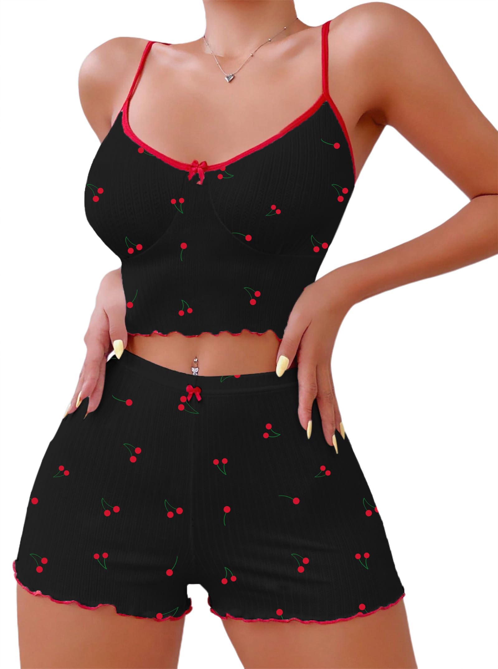 Hilinker Women's 2 Piece Cherry Pajama Set Ribbed Cami Top and Shorts ...