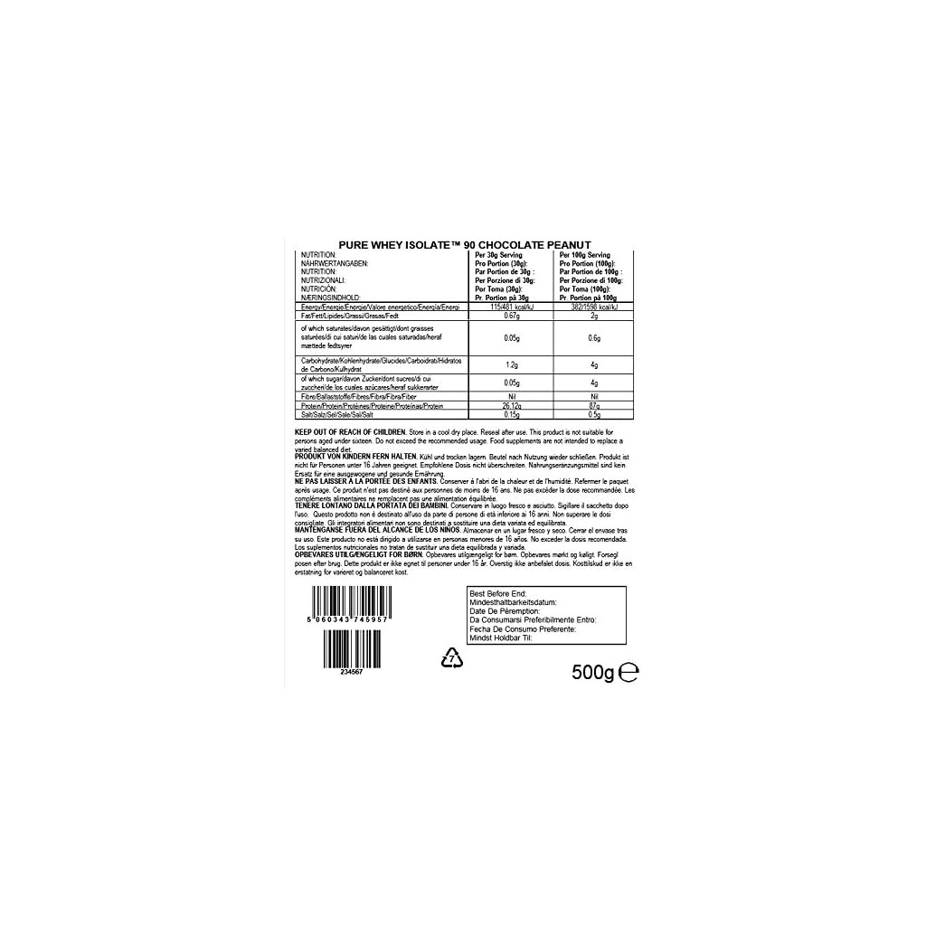 Bulk Powders 500 g Chocolate Peanut Pure Whey Protein Isolate 90 Pouch ...