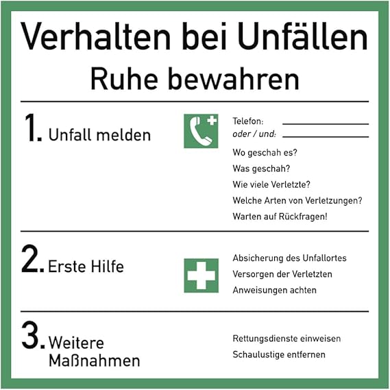 Schild Verhalten bei Unfällen, Kunststoff 18 x 18 cm (Verhaltensregeln, Notfall, Erste Hilfe ...