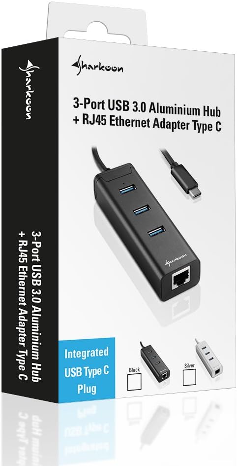 Sharkoon 3-Port Aluminium Hub with RJ45 Ethernet Adapter USB 3.0 Type C ...