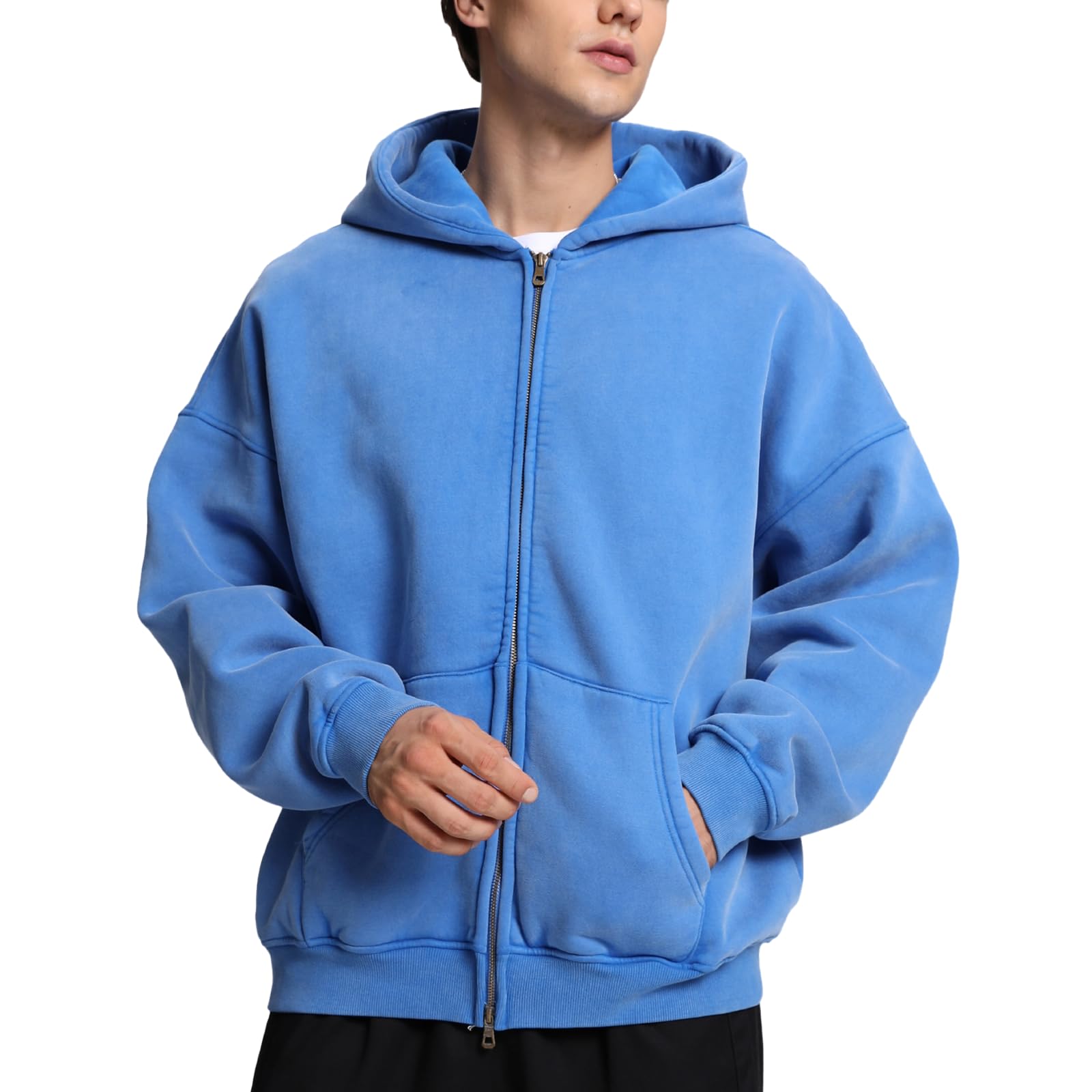 FAIABLE Mens Womens Double Zip Up Hoodie Oversized Acid Wash ...