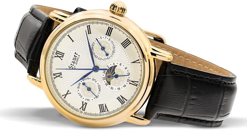 Stauer Men's Magnificat II Automatic Watch Gold Fused Case with Leather ...