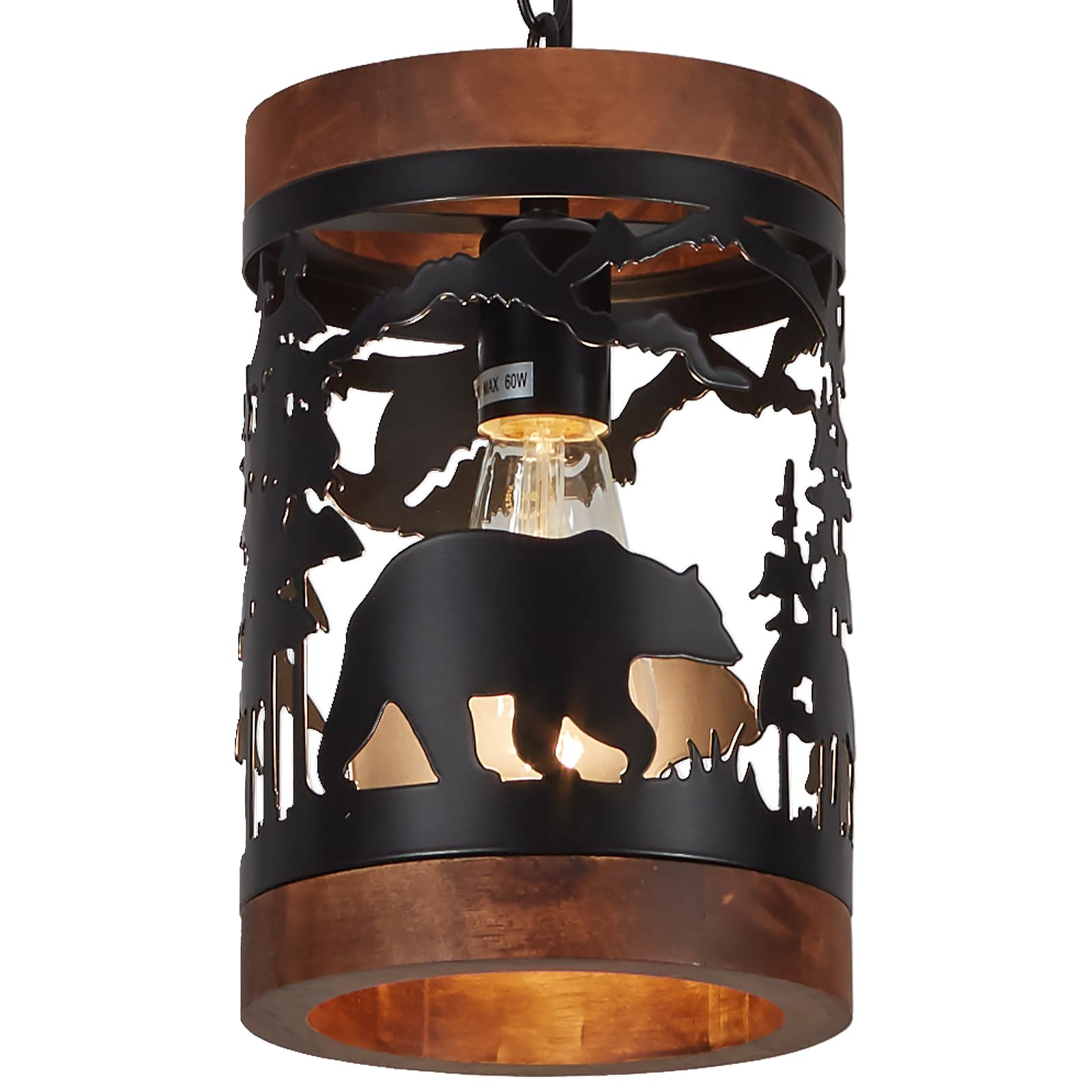 Rustic Bear Pendant Light, 1-Light Farmhouse Wood and Metal Cage ...
