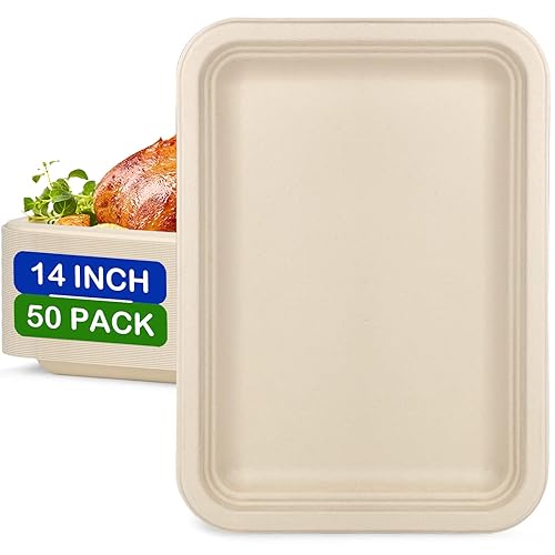 14 inch Large Paper Plates, 50 Pack Disposable Trays, 100% Compostable ...