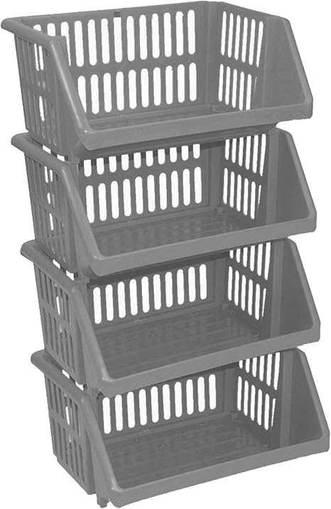 Large 4 Tier Stacking Baskets Storage Veg Rack Plastic Stackers, Black ...