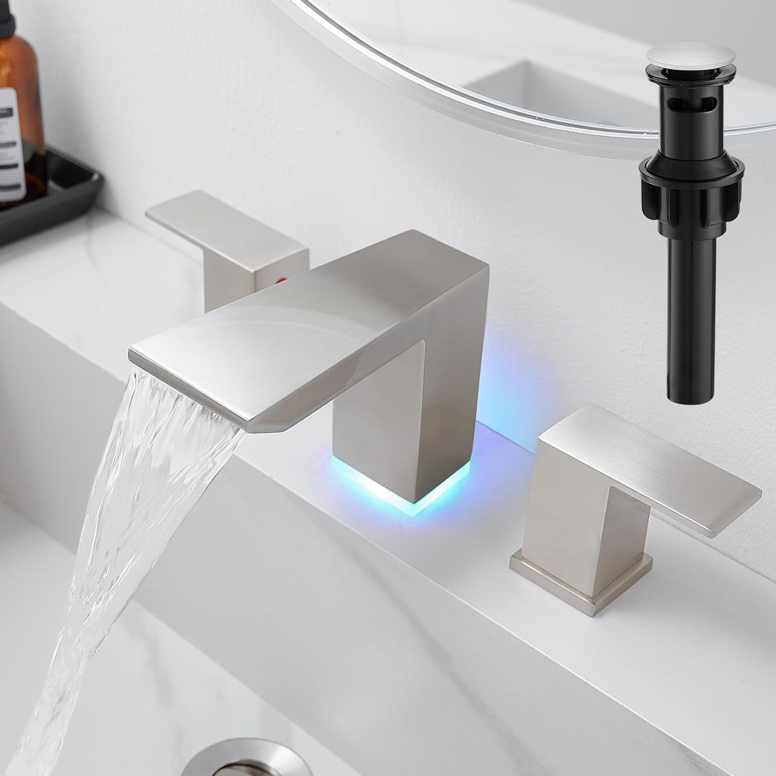 BESy Led 3 Hole Bathroom Sink Faucet, Brushed Nickel Waterfall Wide ...