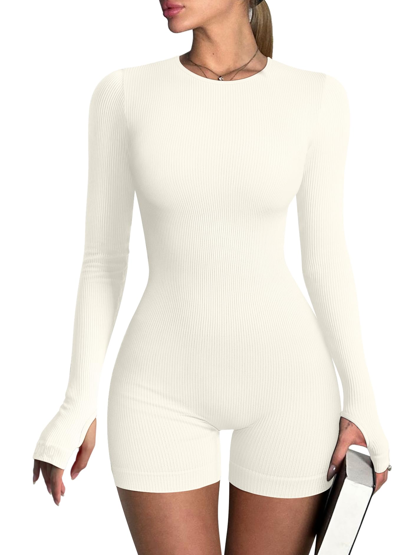 OQQ Women‘s Yoga Rompers Ribbed Long Sleeve Crew Neck Tops Exercise ...