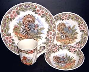 Amazon.com | 16 Pc Thanksgiving Turkey Dinnerware Set Queen's Myott by ...