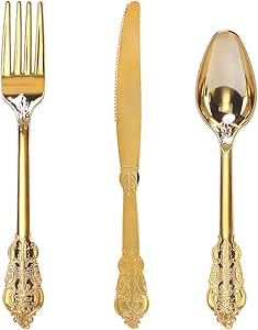 Amazon.com: WDF-300 Pieces Gold Plastic Silverware - Disposable ...