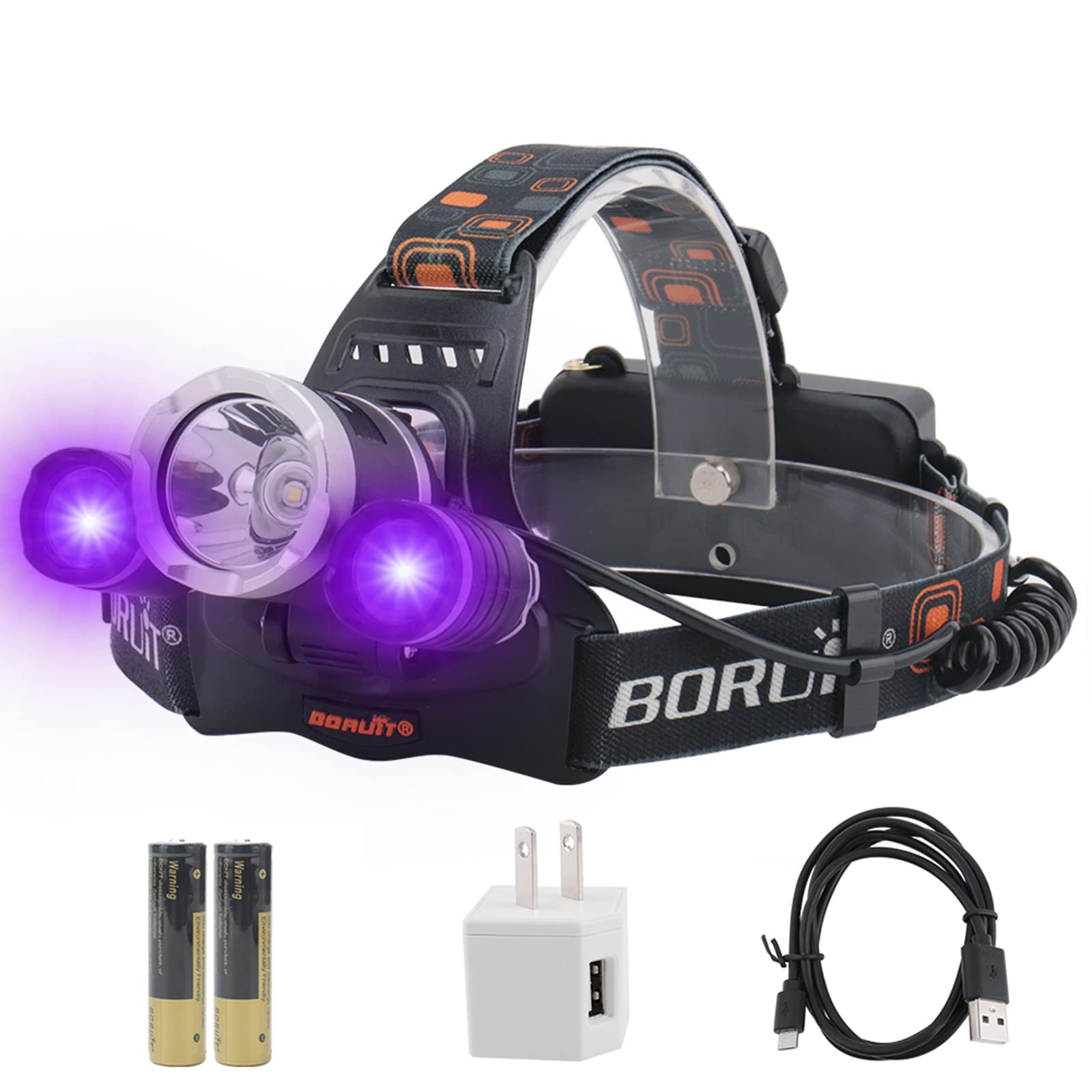 BORUIT RJ-3000 LED Black Light Headlamp,3 Modes White and UV Light ...