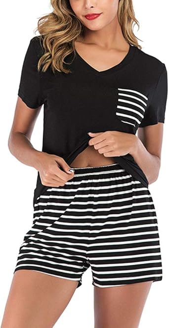 Summer Women's Pyjama Sets V-Neck Short Sleeve Top and Striped Shorts ...