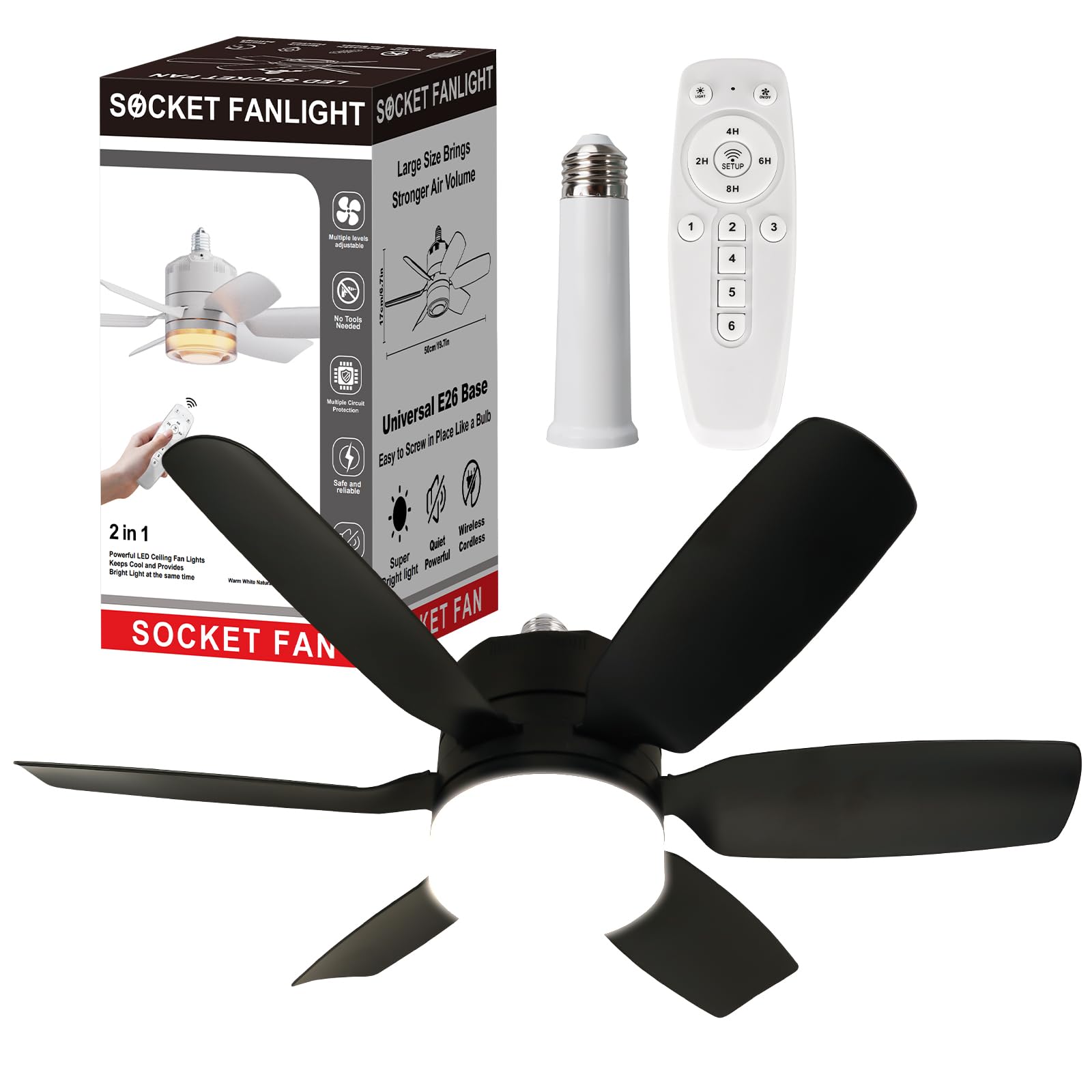 REYLAX Socket Fan Light and Remote, 19.7 inch Light Socket Ceiling Fan ...